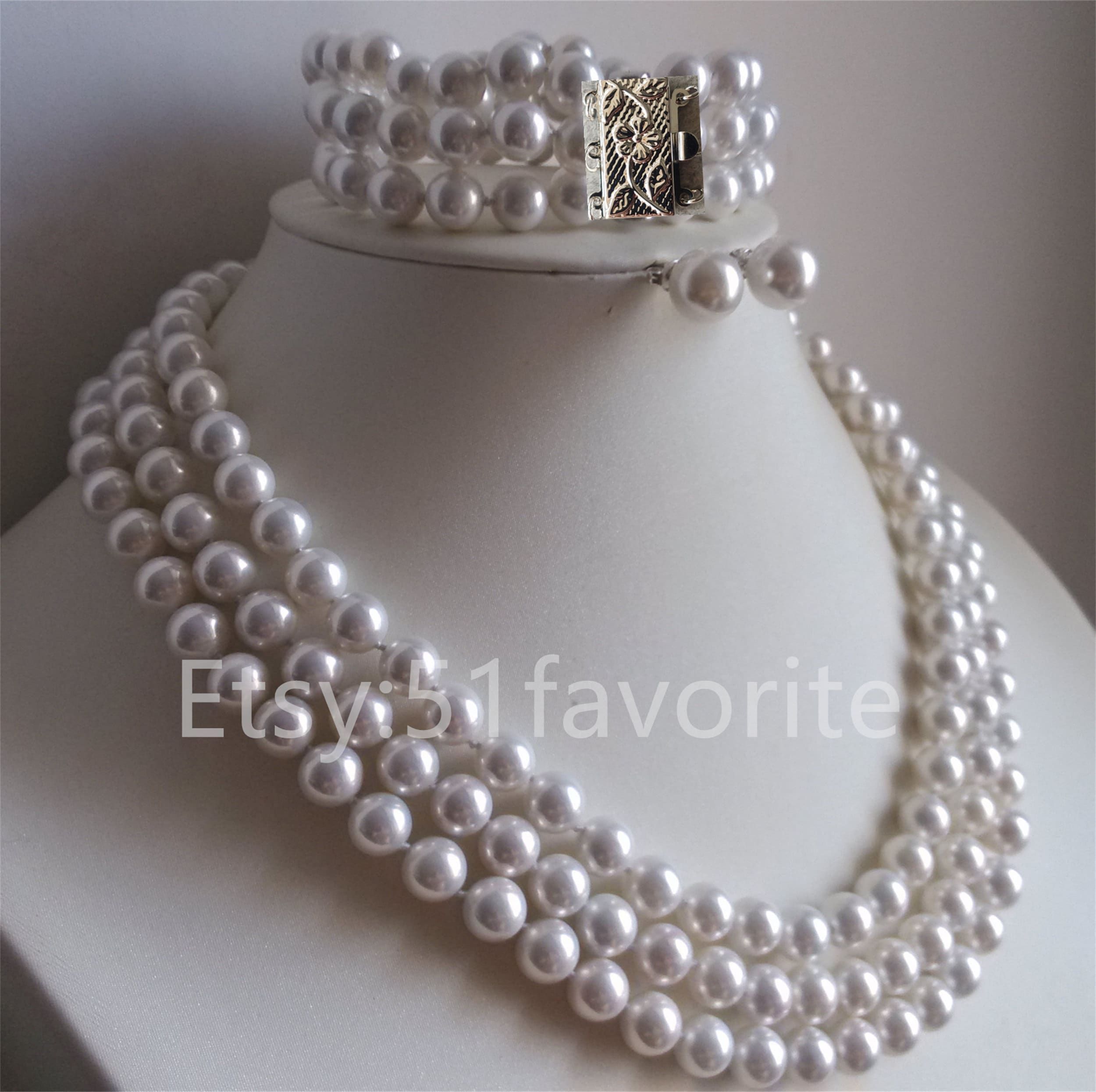 Shell Pearl Set Pretty 3 Row 8mm Shell Pearl Wedding - Etsy