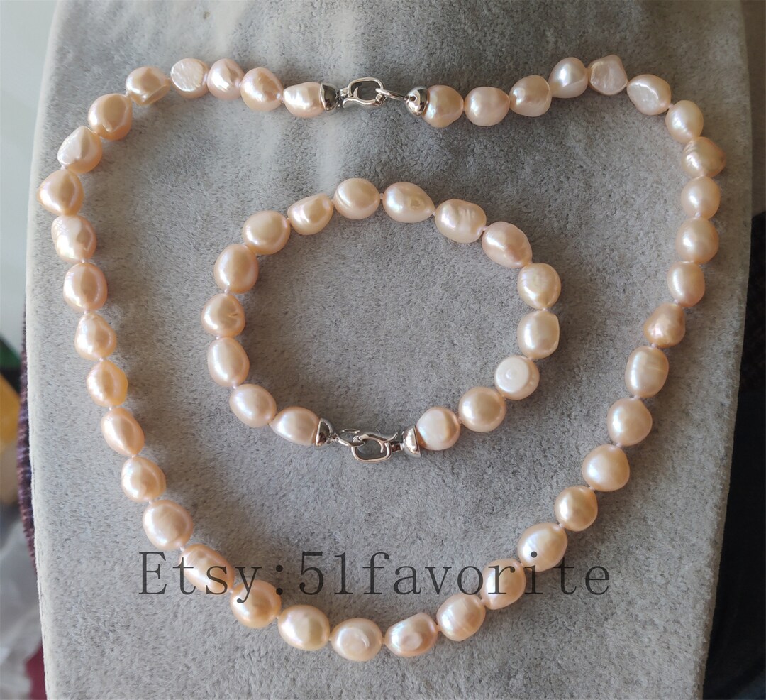 Real Pearl Set, 10-11mm Pink Rice Baroque Fresh Water Pearl Necklace ...
