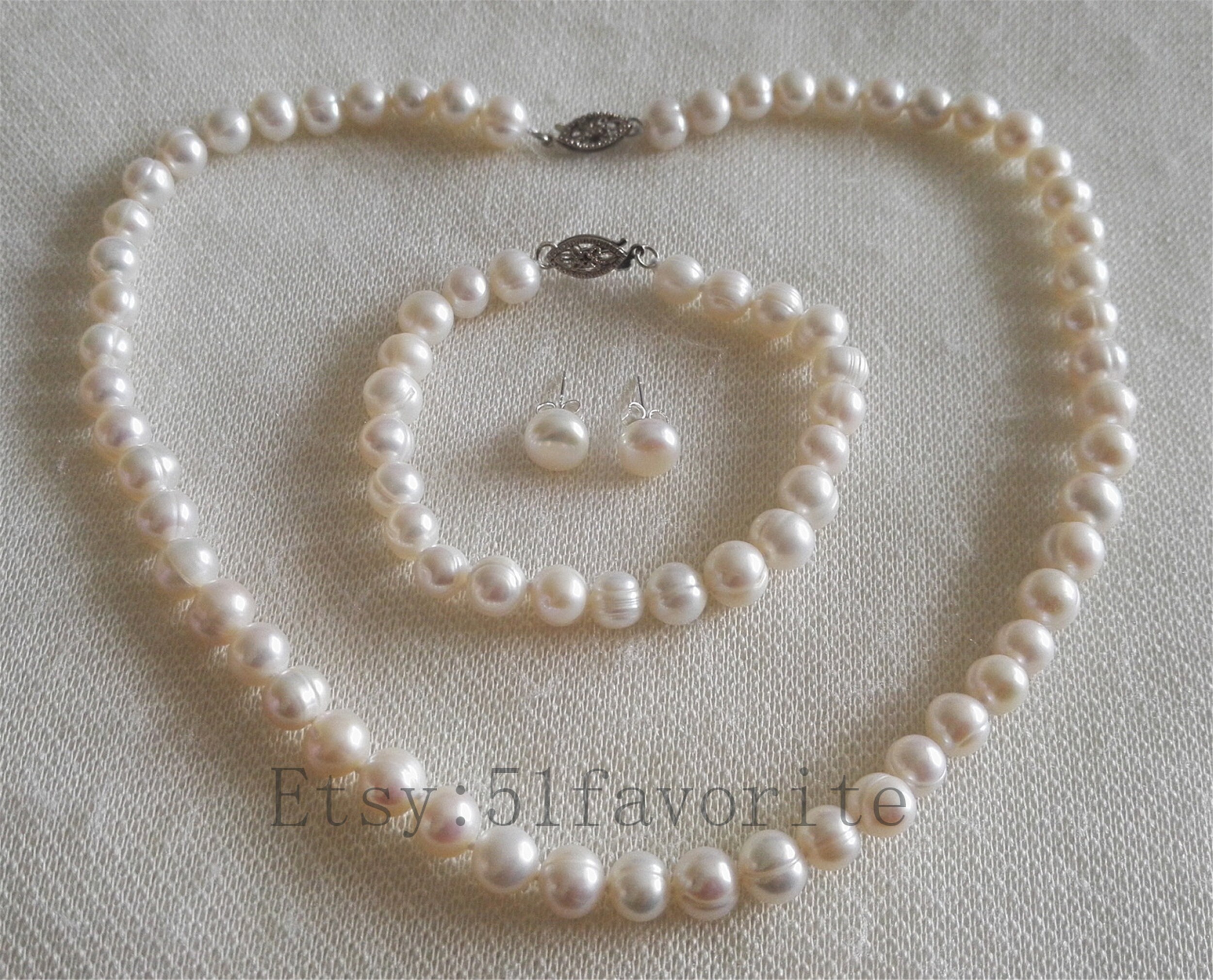 Pearl Set Genuine 9-9.5mm off Round White Fresh Water Pearl - Etsy