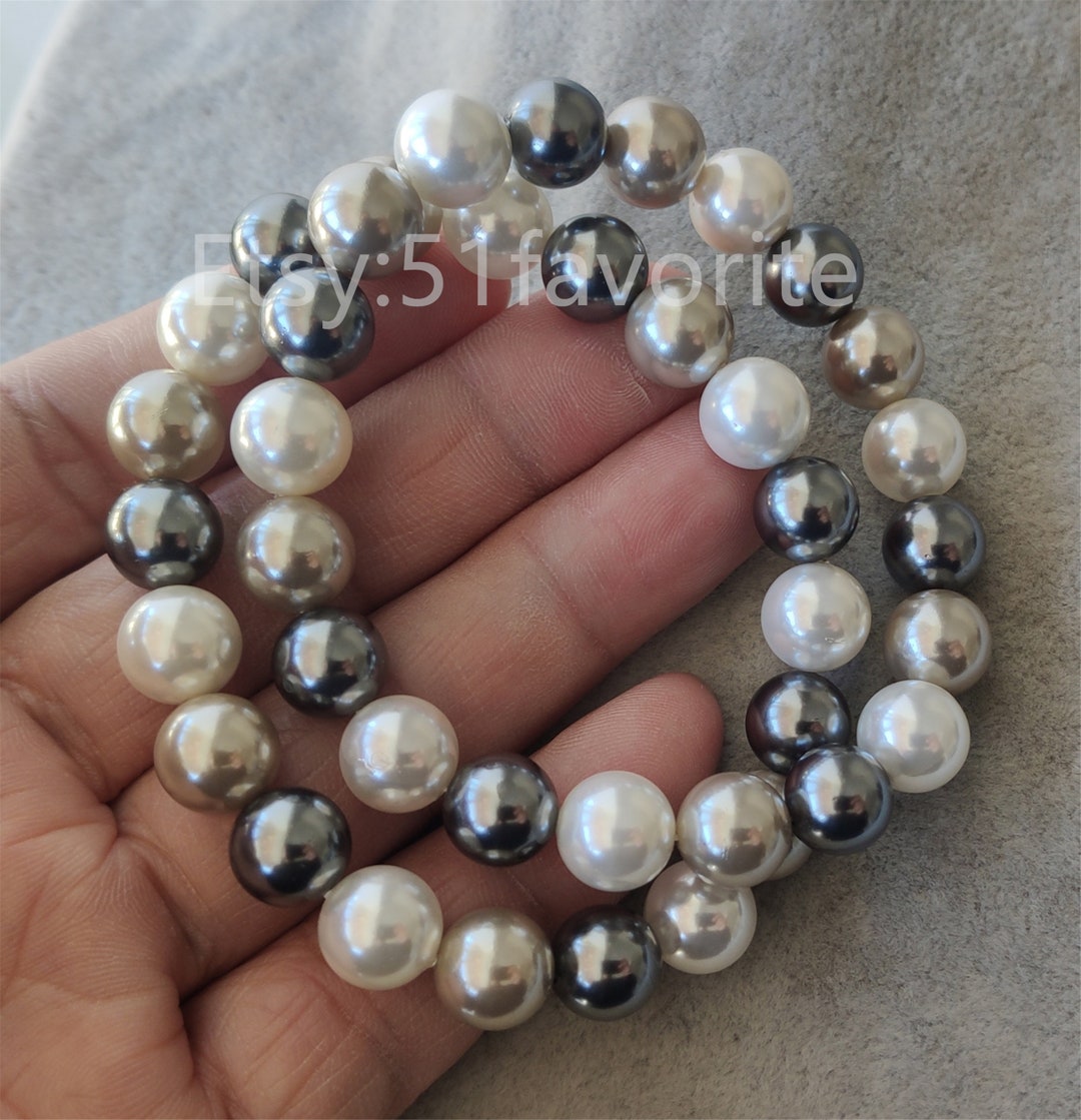 Shell Pearl Bracelet Pair of 10mm White Gray Sea Shell Pearl Elastic ...
