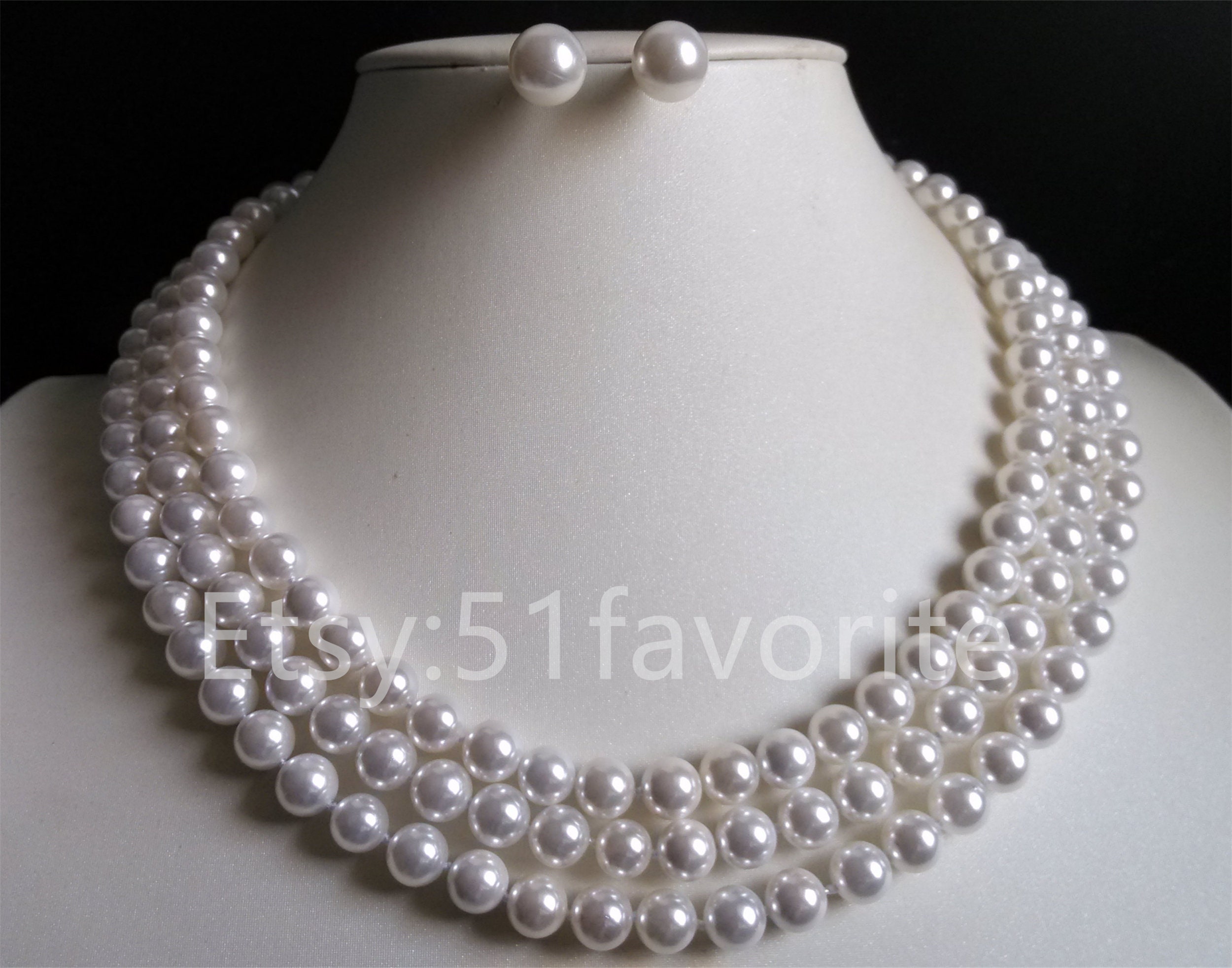 Shell Pearl Set Pretty 3 Row 8mm Shell Pearl Wedding - Etsy