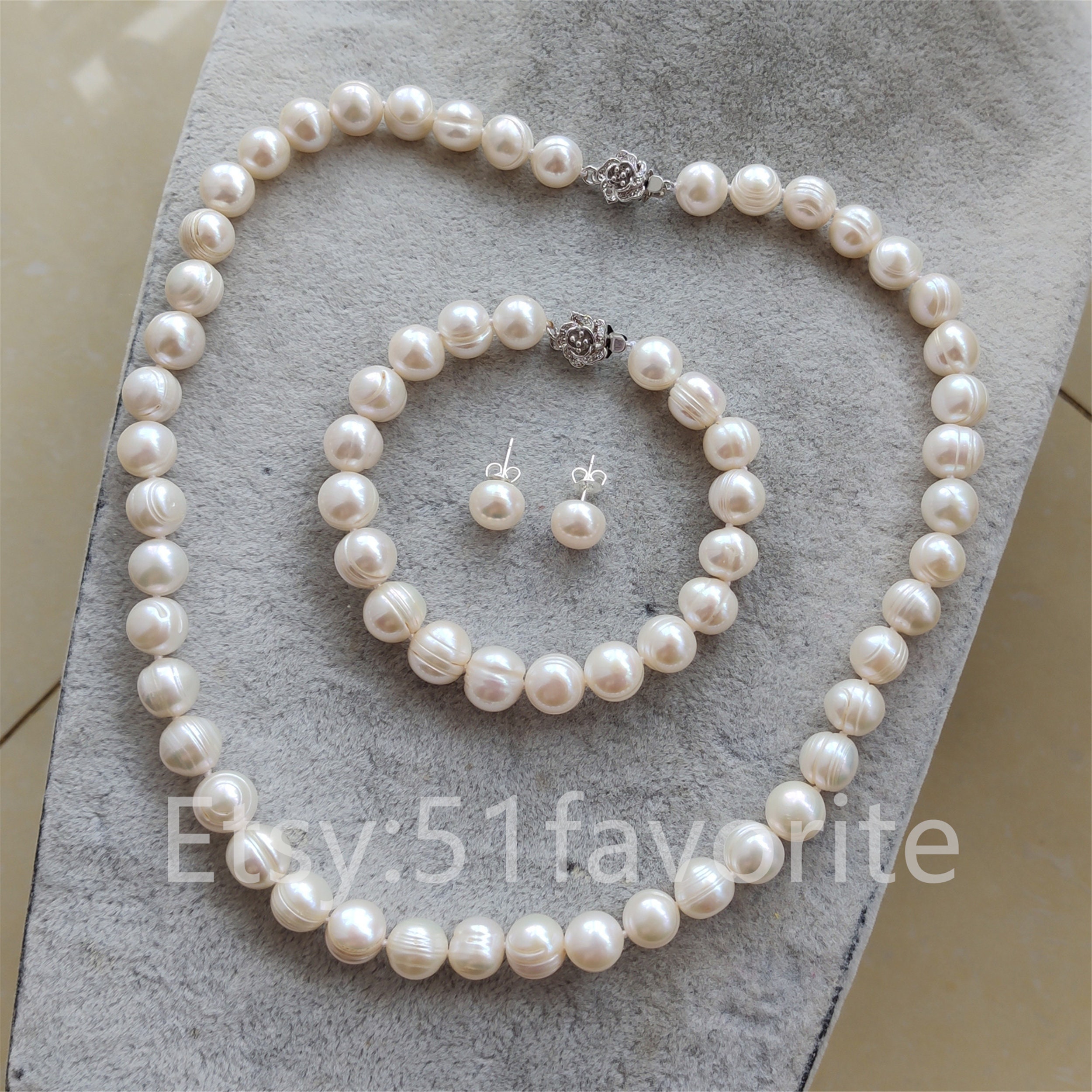 8-8.5mm White Freshwater Pearl Jewelry Set: Bridal Necklace, Bracelet ...
