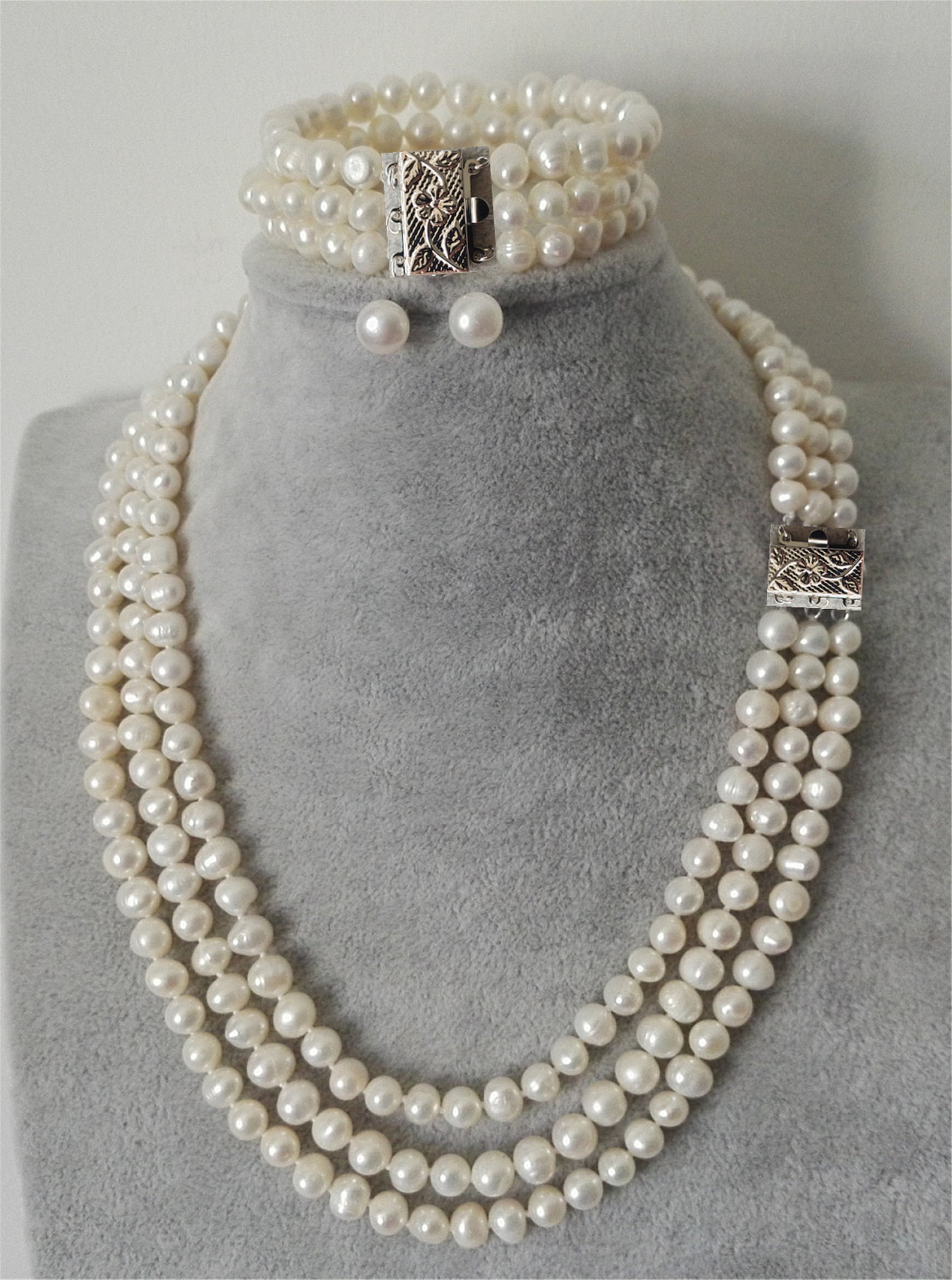 Real Pearl Necklace Bracelet Earrings Set-genuine Cultured - Etsy