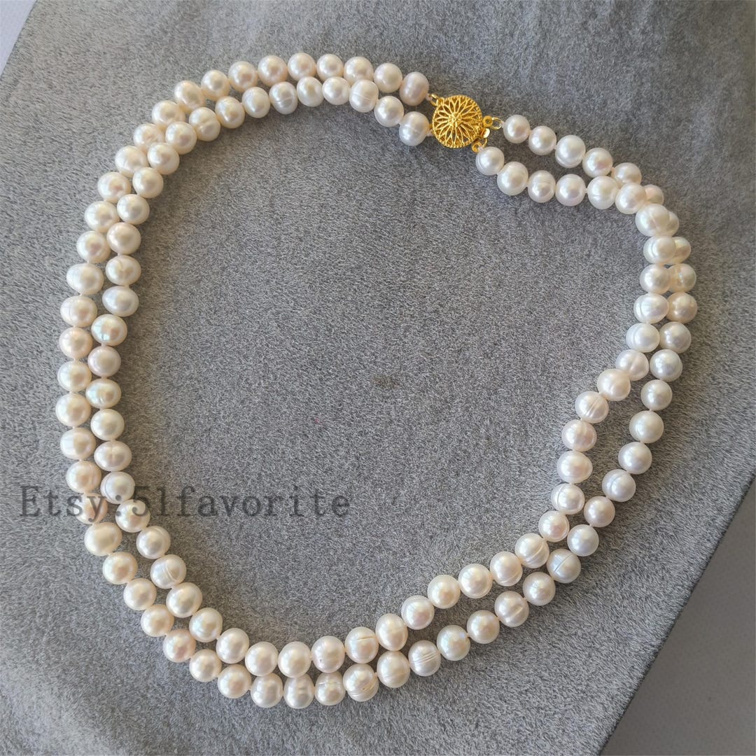 Real Pearl Set- Cultured 7-7.5.5mm White Fresh Water Pearl 2 Row ...