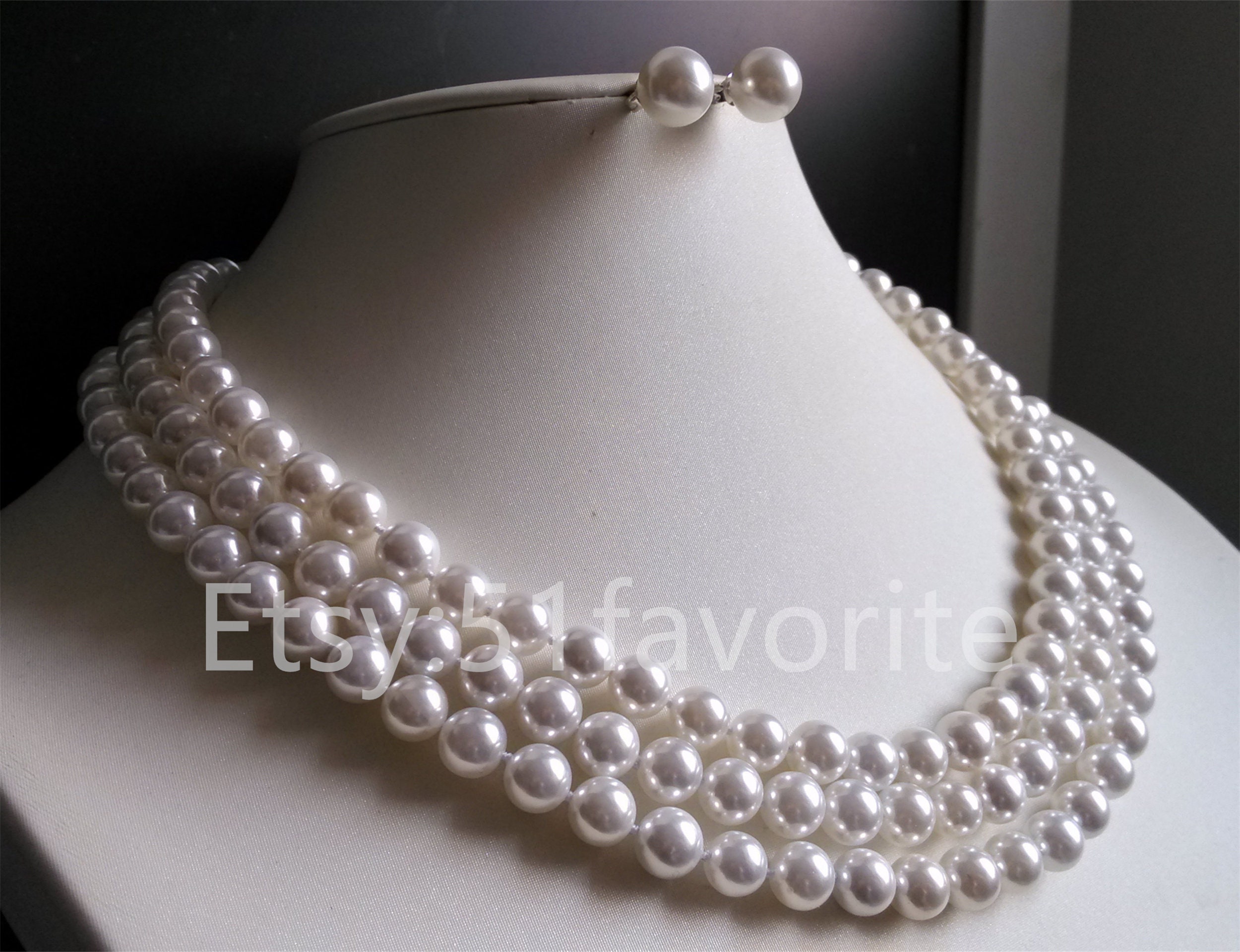 Shell Pearl Set Pretty 3 Row 8mm Shell Pearl Wedding - Etsy