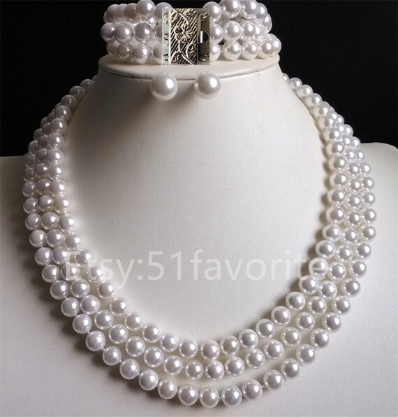 Shell Pearl Set Pretty 3 Row 8mm Shell Pearl Wedding | Etsy