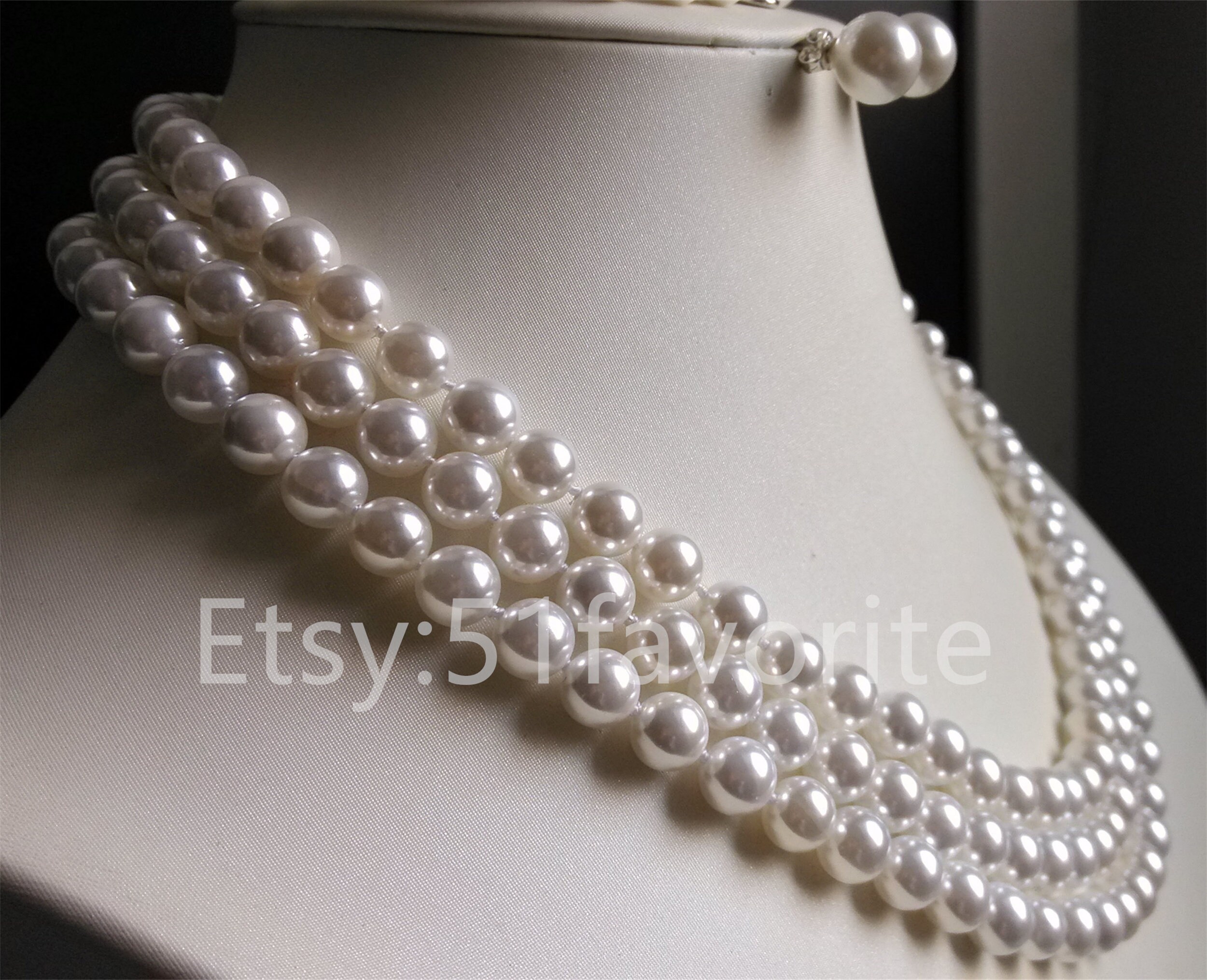 Shell Pearl Set Pretty 3 Row 8mm Shell Pearl Wedding - Etsy