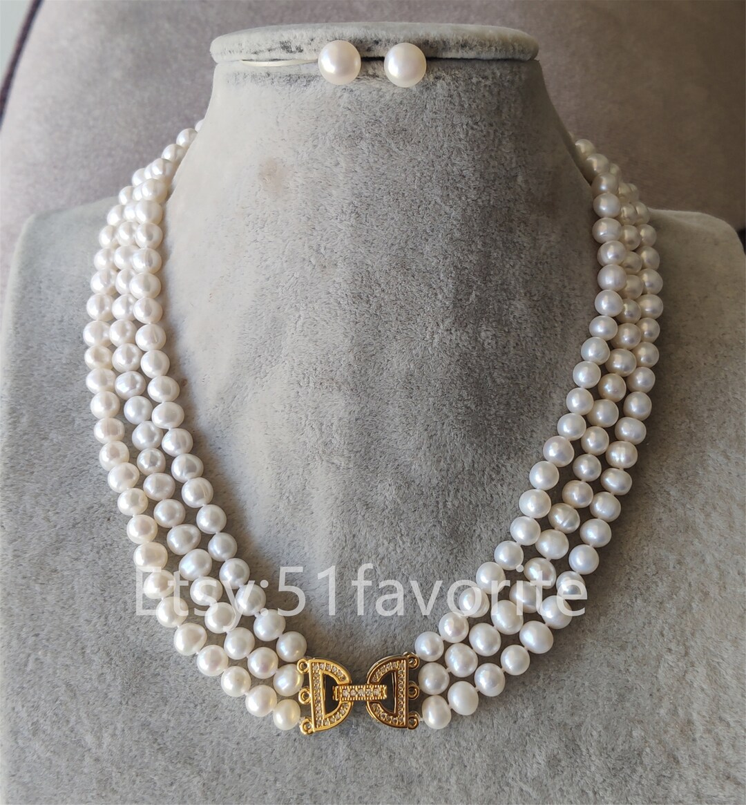 Charm 7-7.5mm White Fresh Water Real Pearl 3 Rows Necklace Earrings Set ...