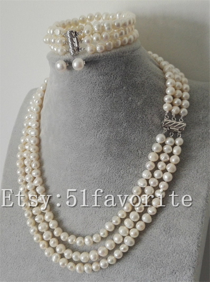 Real pearl necklace bracelet earrings set genuine cultured | Etsy