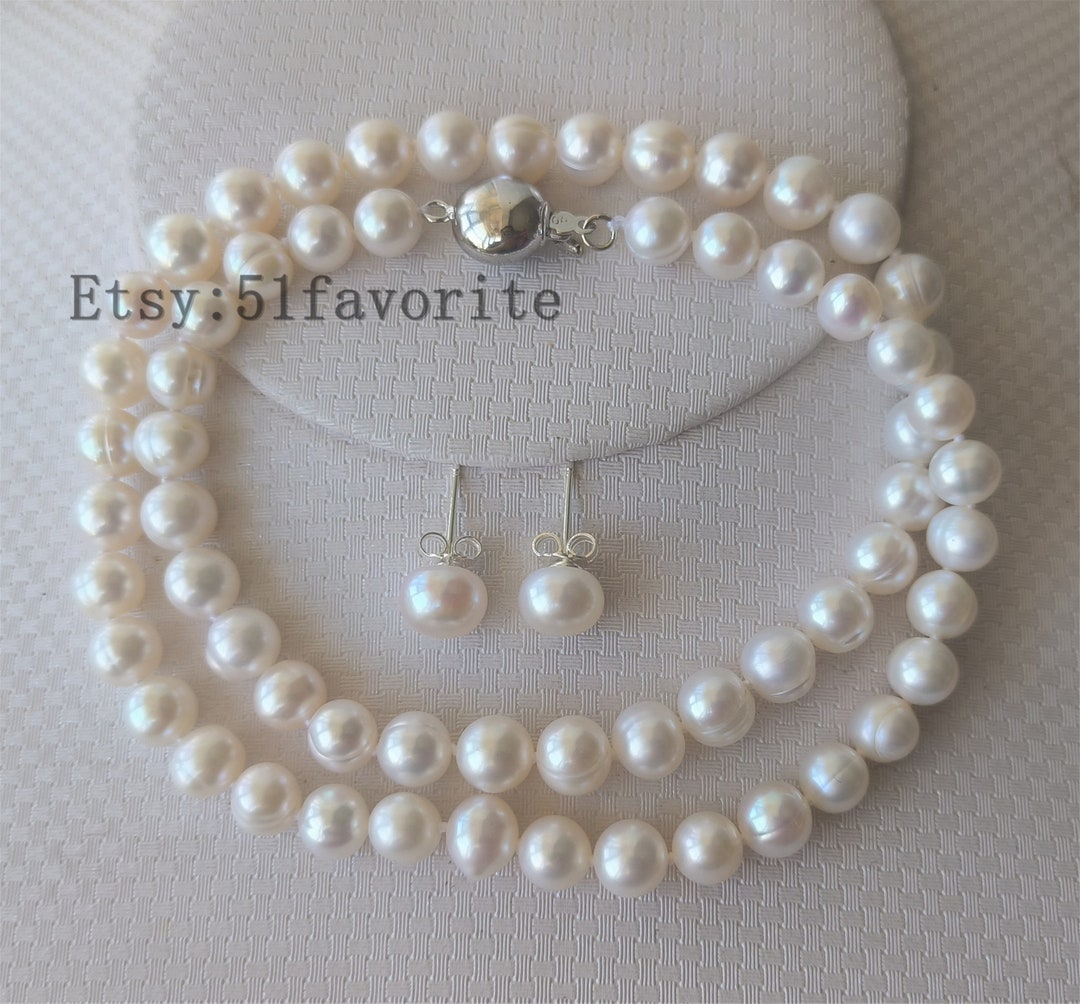 Pearl Set- Genuine 7-7.5mm Near Round White Fresh Water Pearl Necklace ...