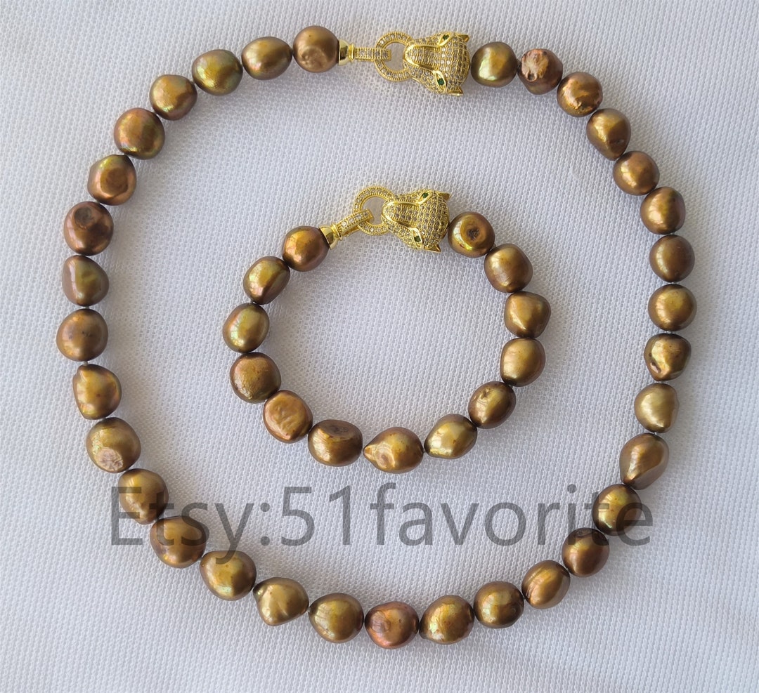 Real Pearl Set genuine Cultured 11-12mm Coffee Baroque Fresh Water ...