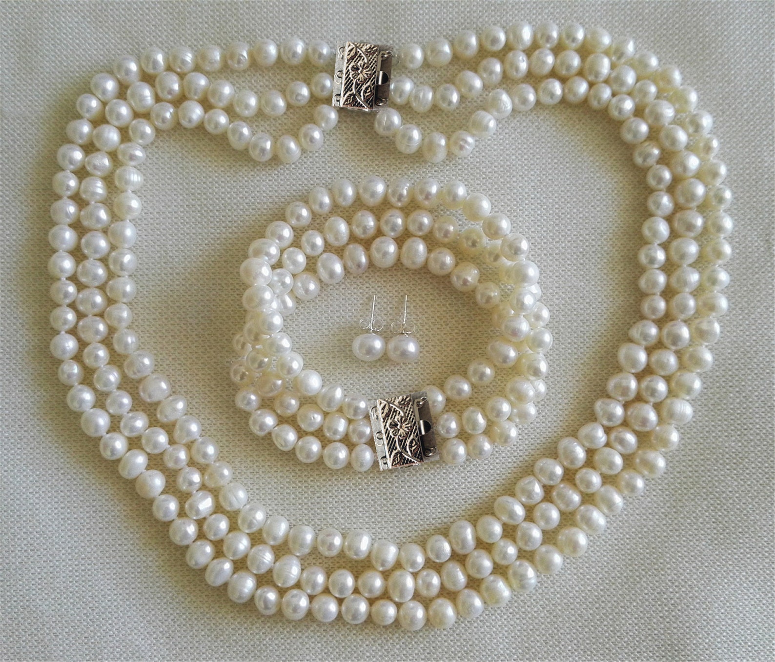 Real Pearl Necklace Bracelet Earrings Set-genuine Cultured - Etsy