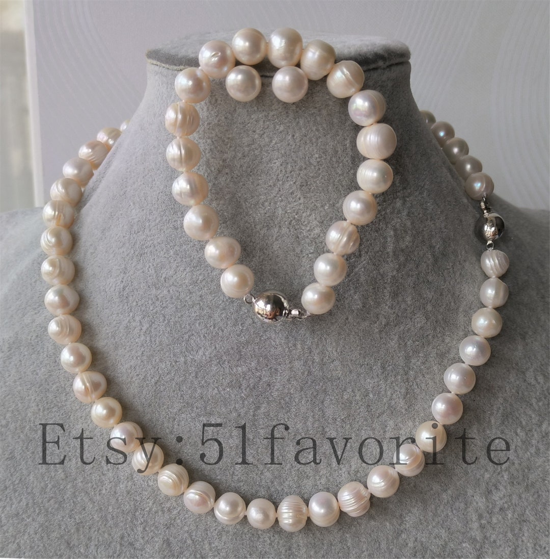 Real Pearl Set- Real Cultured 9-9.5mm Potato Round White Fresh Water ...
