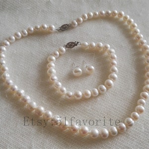 Pearl Set Genuine 9-9.5mm off Round White Fresh Water Pearl - Etsy