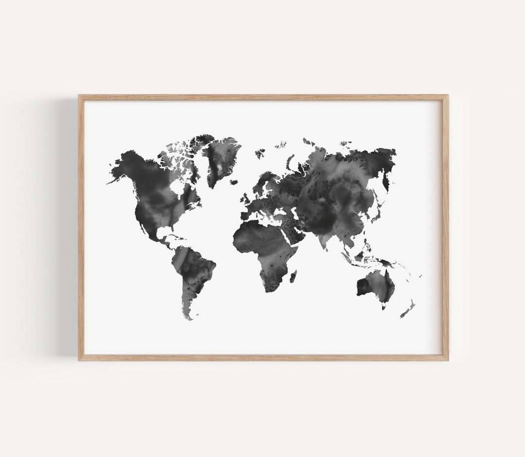 Printable World Map Watercolor Travel Map Black and White - Etsy