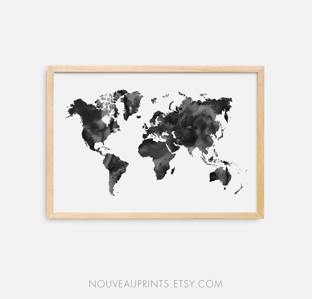 Printable World Map Watercolor Travel Map Black and White - Etsy