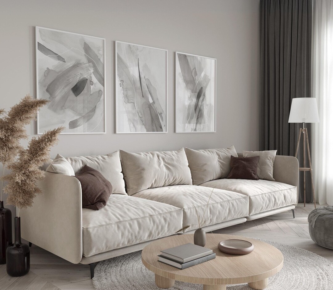Gray Abstract Print Set of 3, Grey & White Wall Prints, Modern ...