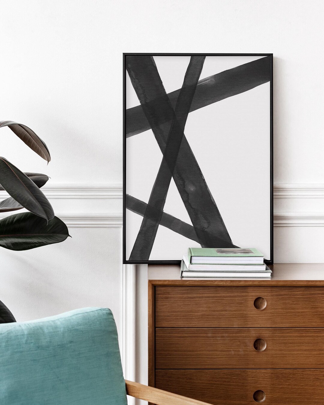 Abstract Dark Brush Stroke Poster, Black Minimalist Watercolor Lines ...