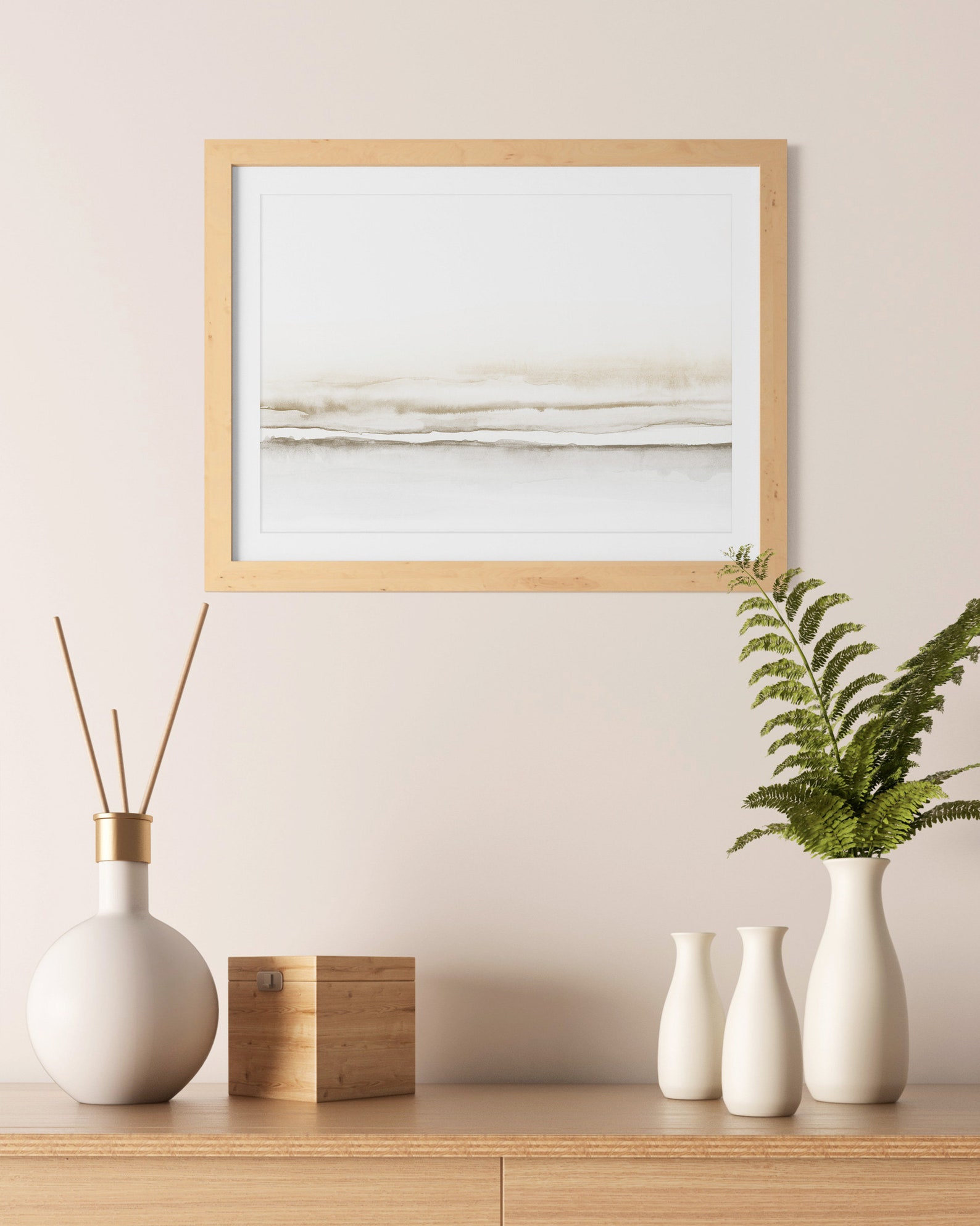Printable Neutral Ocean Watercolor, Calm Beach Landscape Digital ...