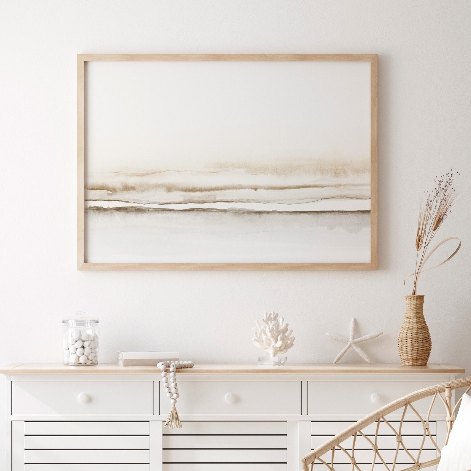 Printable Neutral Ocean Watercolor, Calm Beach Landscape Digital ...