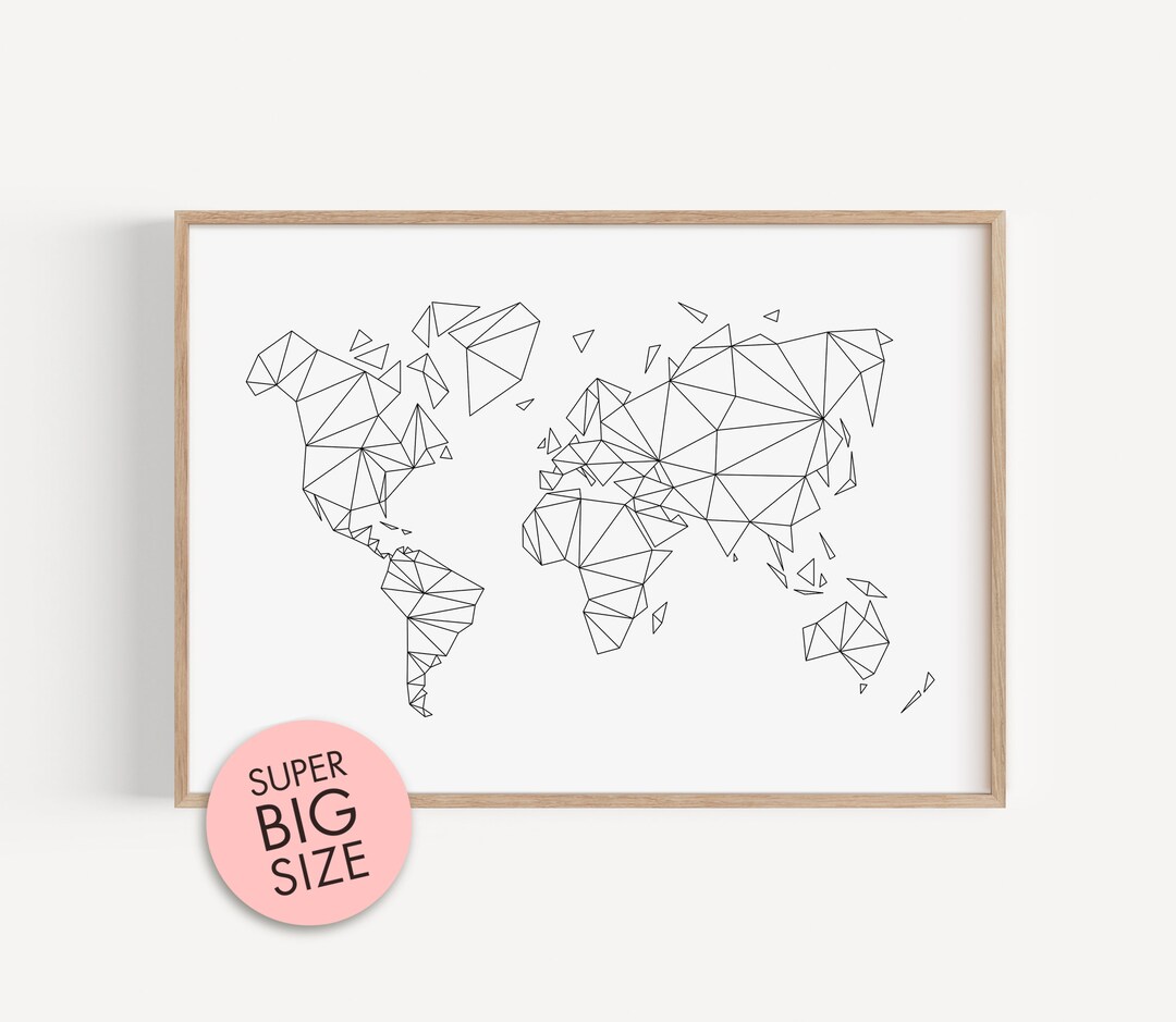 Minimal Modern World Map Poster, Geometric World Map Wall Art, Line ...