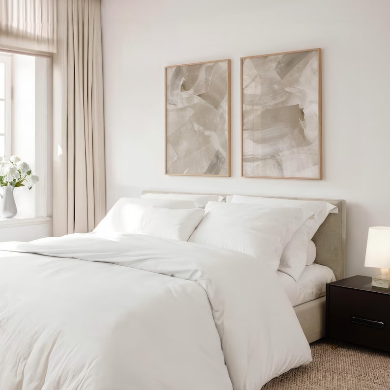 Set van 2 neutrale penseelstreek kunstafdrukken, beige abstracte ...