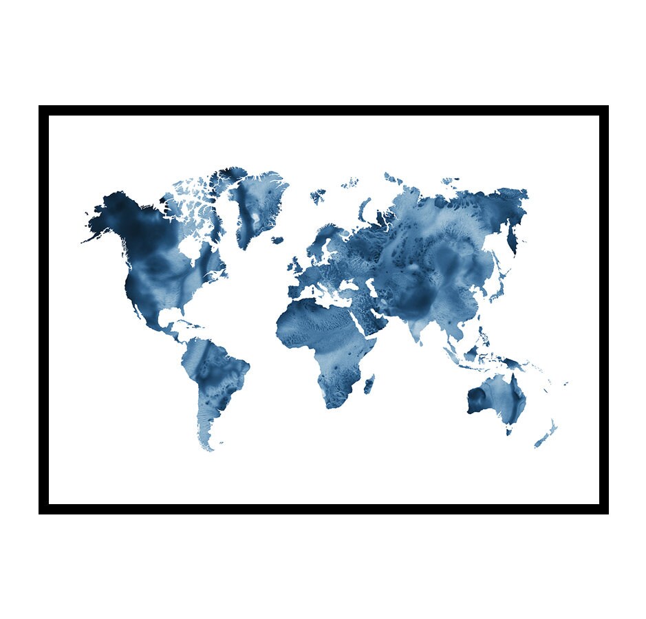 Mapamundi Azul Mapa Azul Descargable Lamina Mapa Acuarela - Etsy México