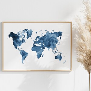 Blue World Map Print, Watercolor World Map Wall Art, Minimalist Navy ...