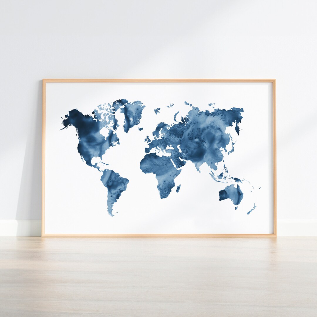 Blue World Map Print, Watercolor World Map Wall Art, Minimalist Navy ...