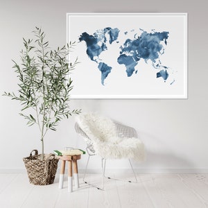 Blue World Map Print, Watercolor World Map Wall Art, Minimalist Navy ...