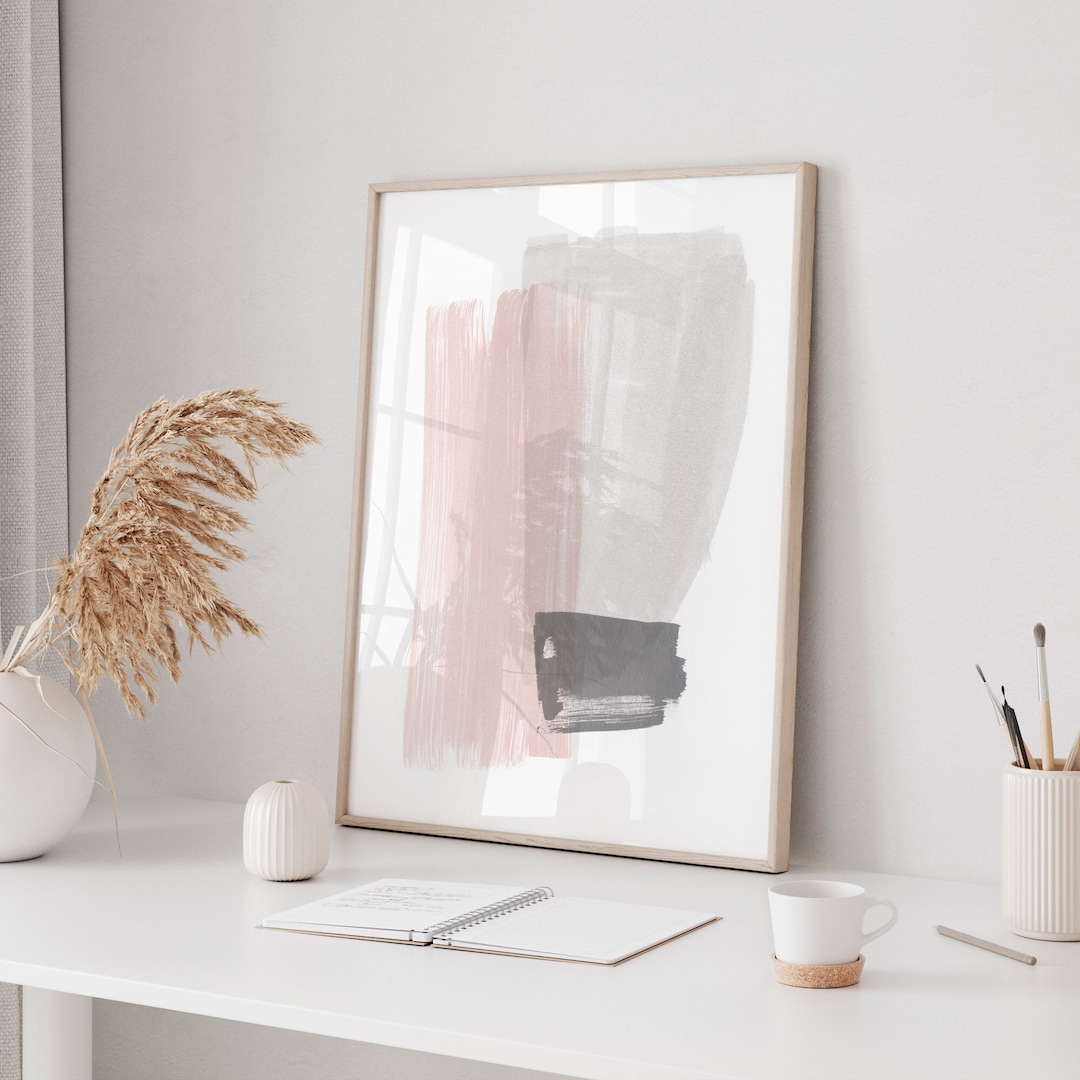 Minimalist Paint Strokes Poster, Pink Gray Abstract Printable Art ...