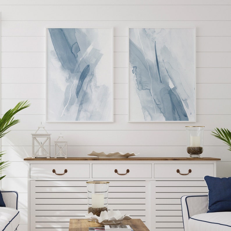 Watercolor Soft Blue Abstract Wall Art Set of 2, Large Downloadable ...