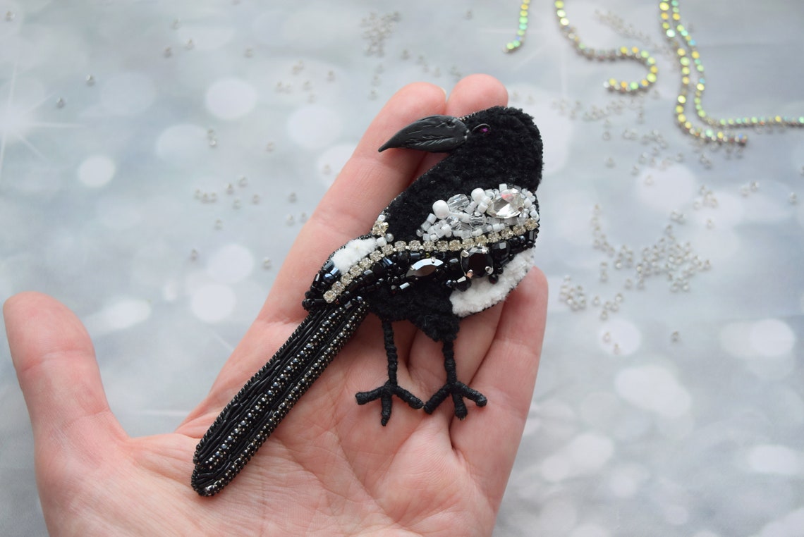Magpie Beaded Brooch, Black & White Bird Pin, Sequins Embroidery - Etsy