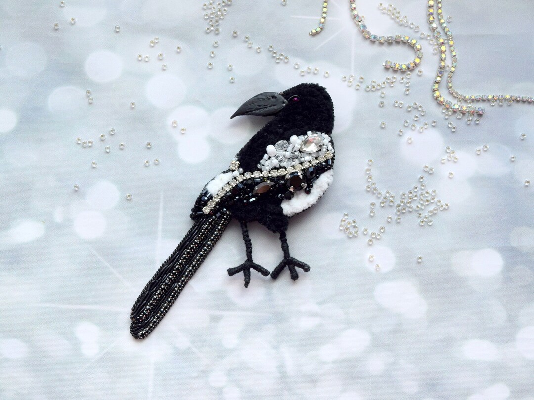 Magpie Beaded Brooch Black White Bird Pin Bright Brooch Bird Sequins ...