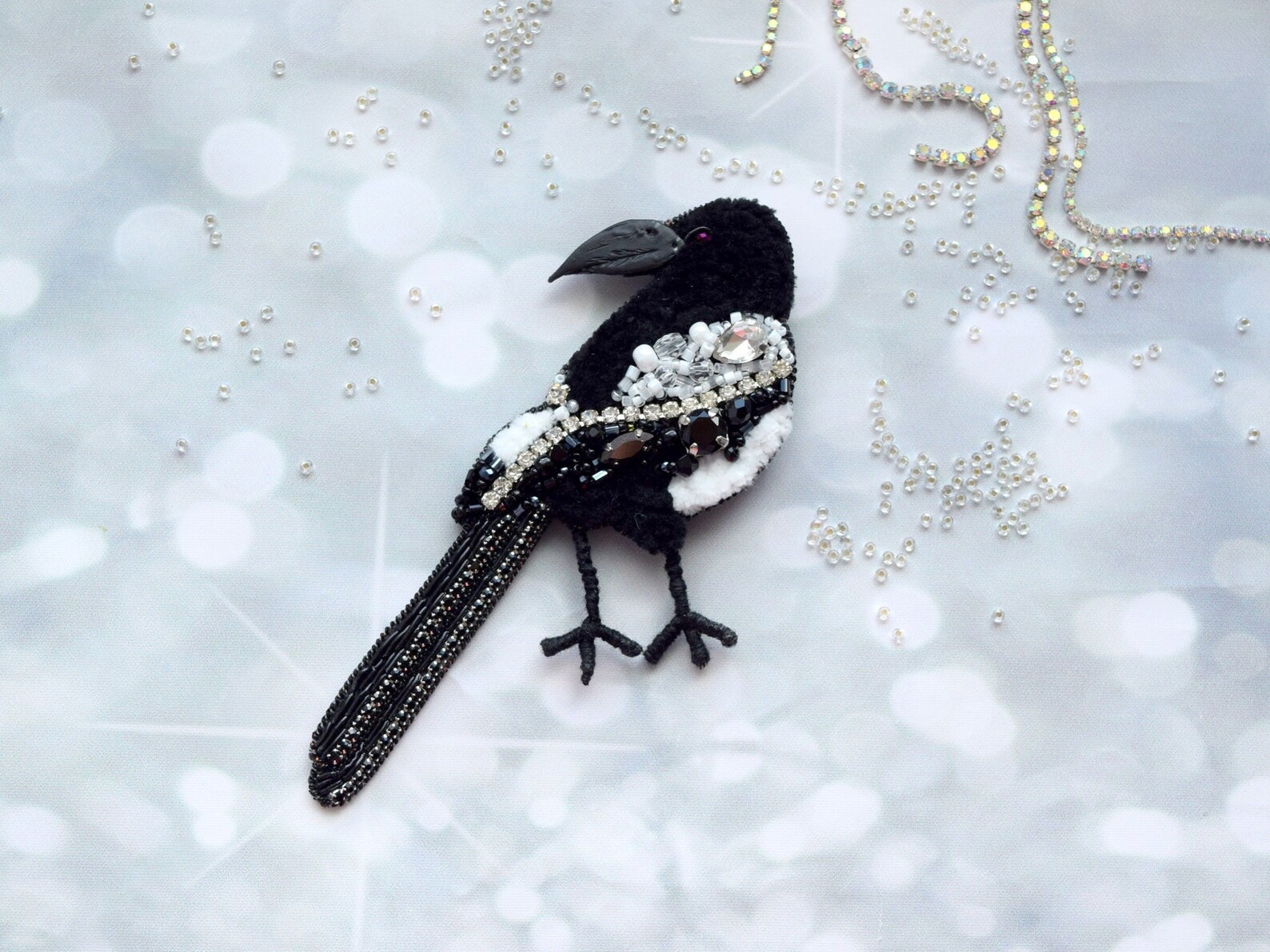 Magpie Beaded Brooch, Black & White Bird Pin, Sequins Embroidery - Etsy