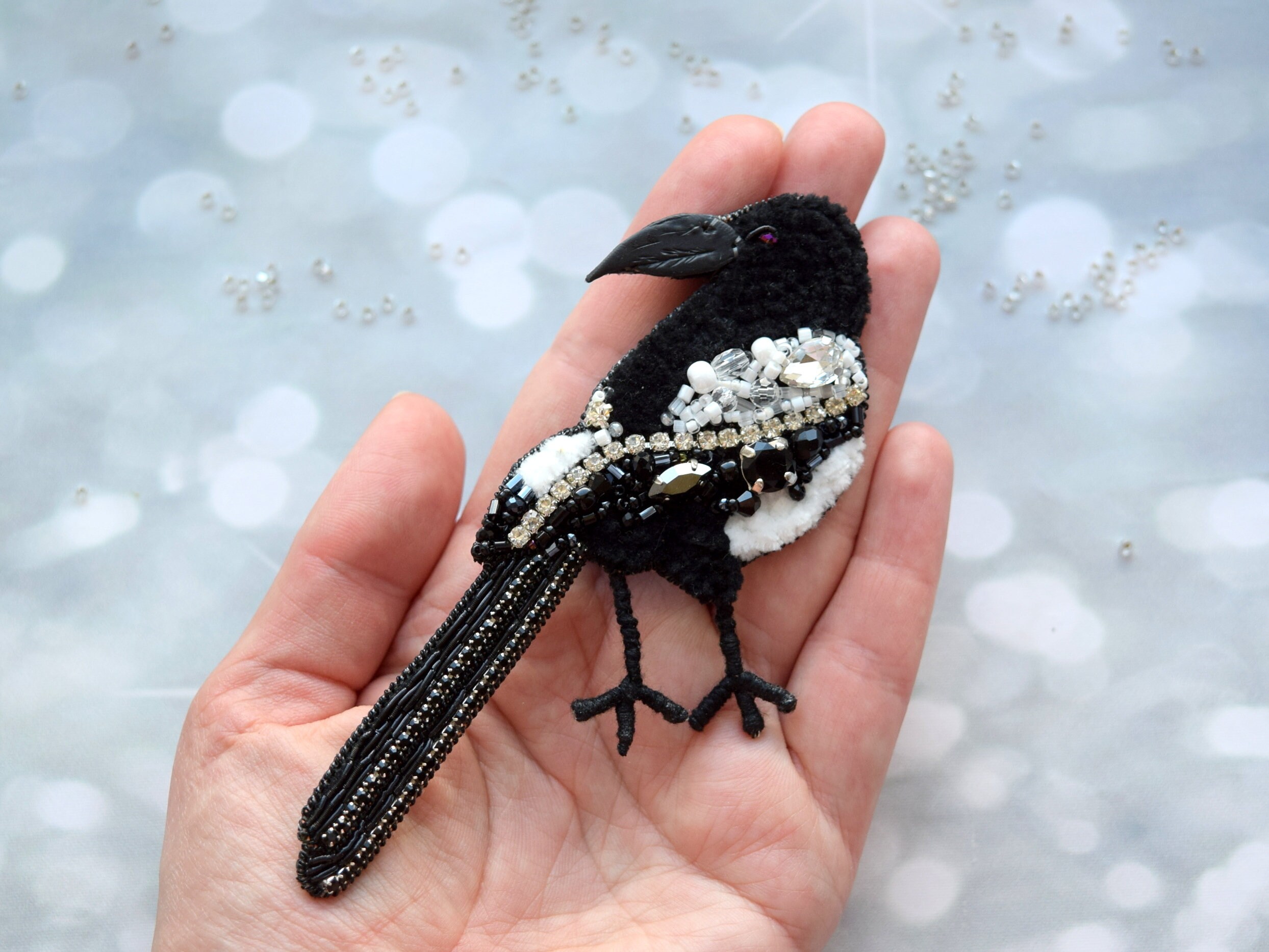 Magpie Beaded Brooch, Black & White Bird Pin, Sequins Embroidery - Etsy