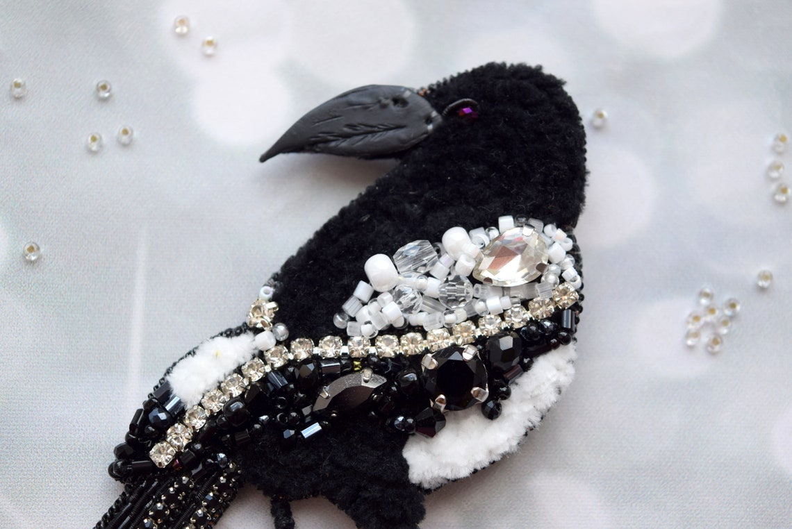 Magpie Beaded Brooch, Black & White Bird Pin, Sequins Embroidery - Etsy