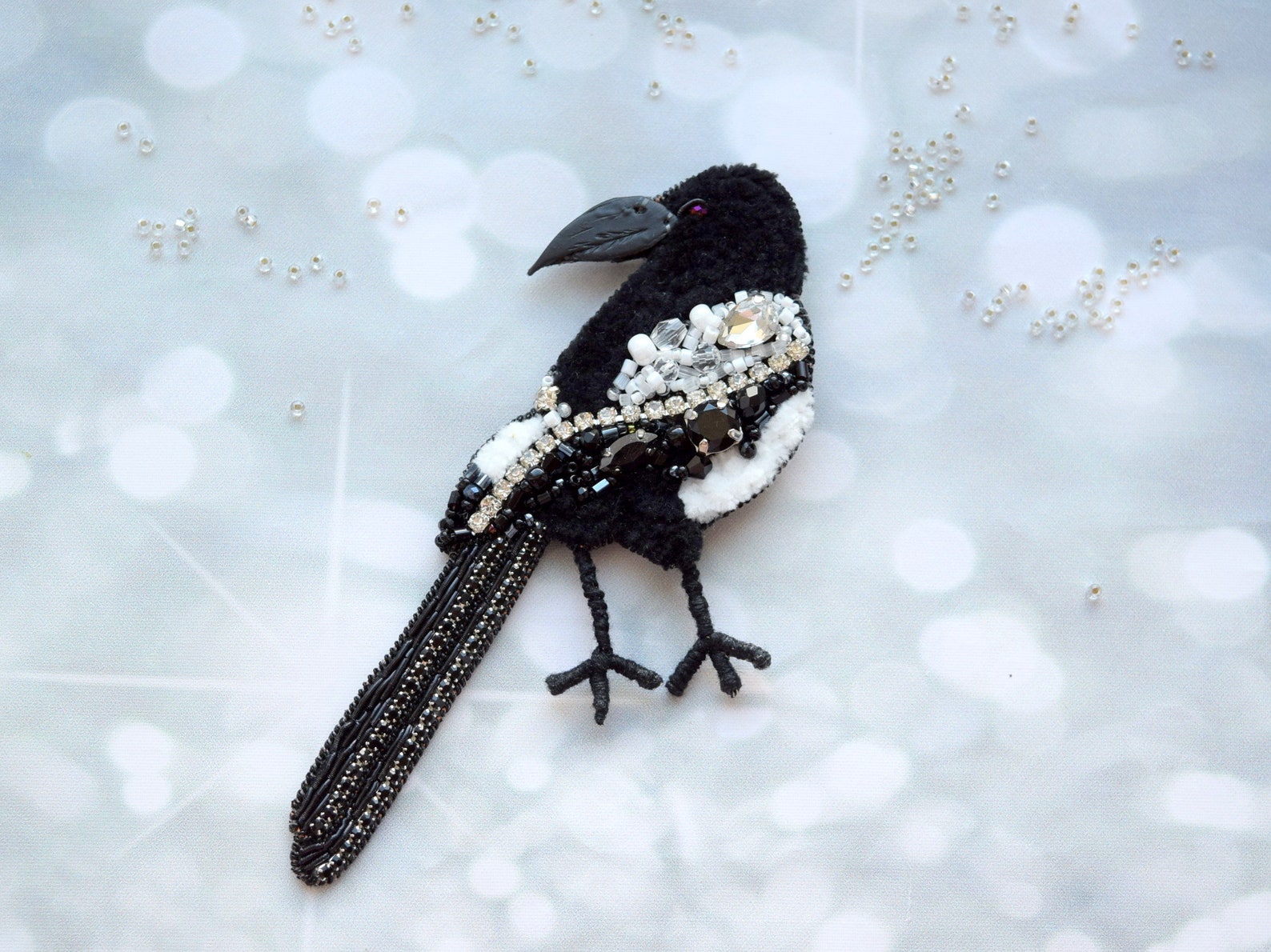Magpie Beaded Brooch, Black & White Bird Pin, Sequins Embroidery - Etsy