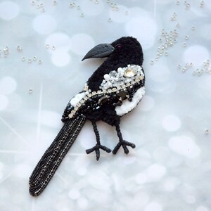 Magpie Beaded Brooch Black White Bird Pin Bright Brooch Bird Sequins ...