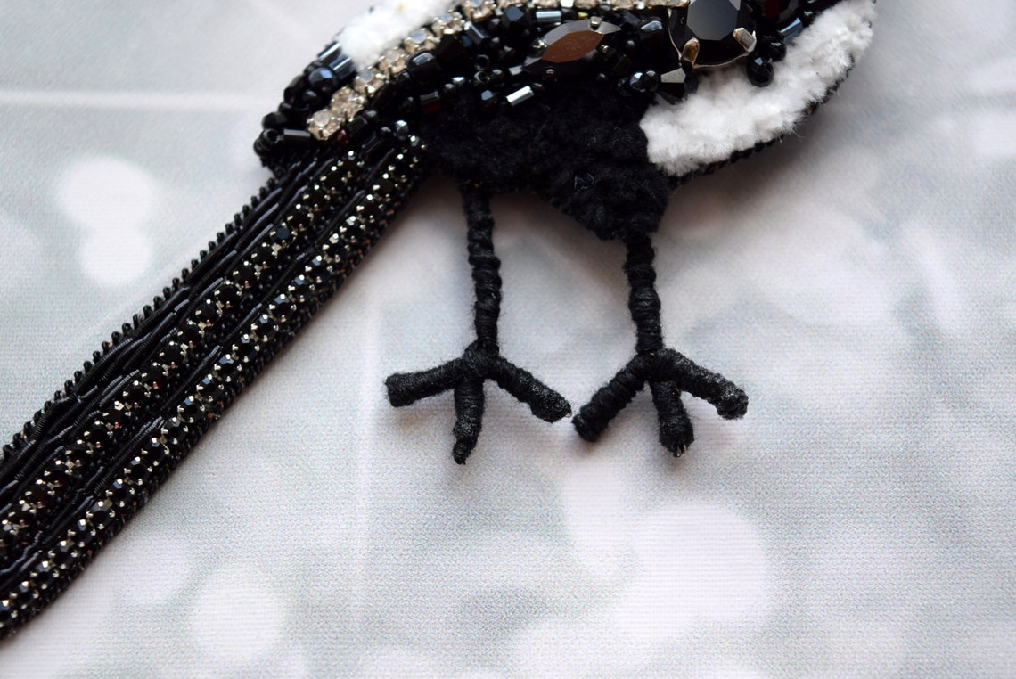 Magpie Beaded Brooch, Black & White Bird Pin, Sequins Embroidery - Etsy
