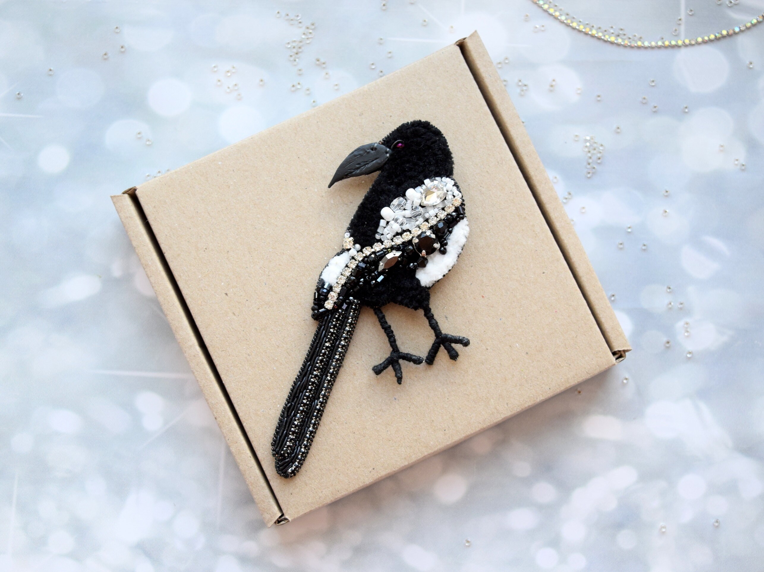 Magpie Beaded Brooch, Black & White Bird Pin, Sequins Embroidery - Etsy