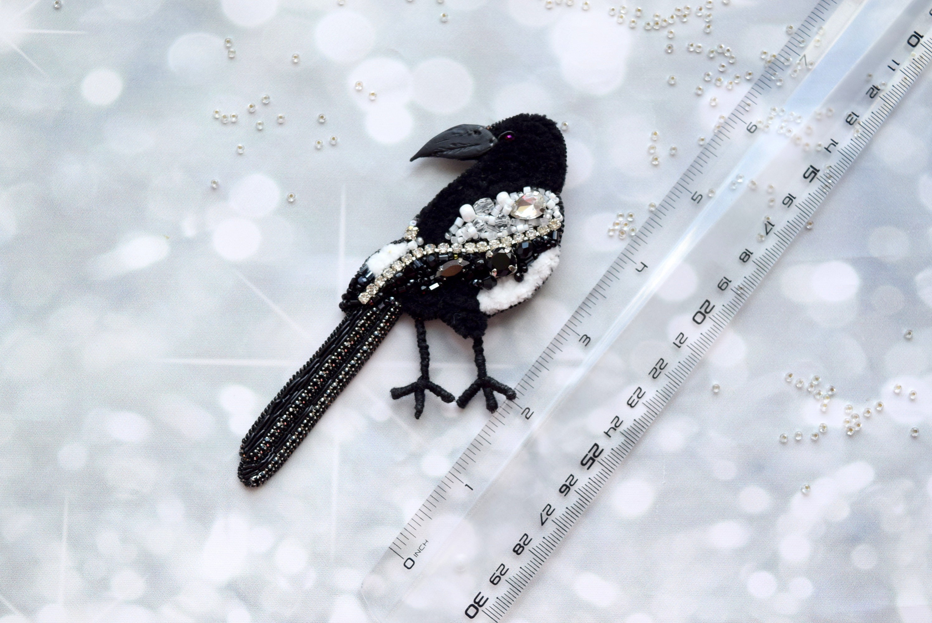 Magpie Beaded Brooch, Black & White Bird Pin, Sequins Embroidery - Etsy