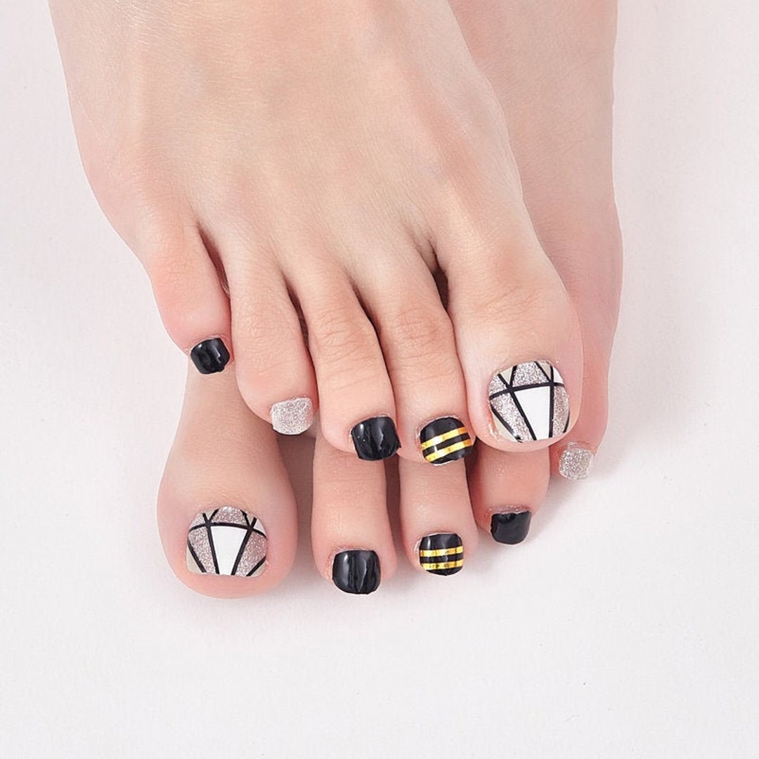 Geometric Multi-color Toe Nail Wraps, Black Graphic Toe Nail Art ...