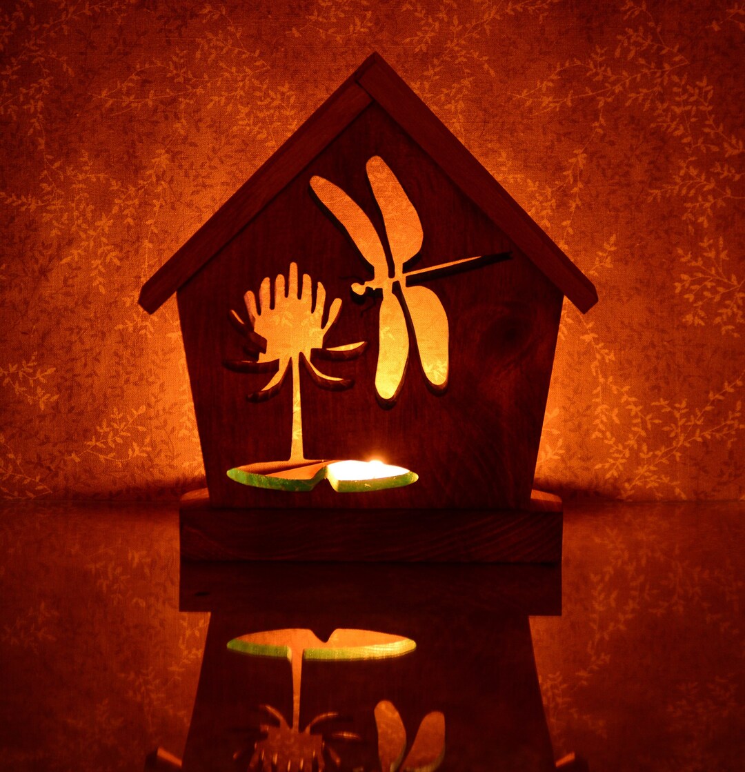 Dragonfly Lotus Flower Purple Tea Light Holder - LED Candle -wood ...