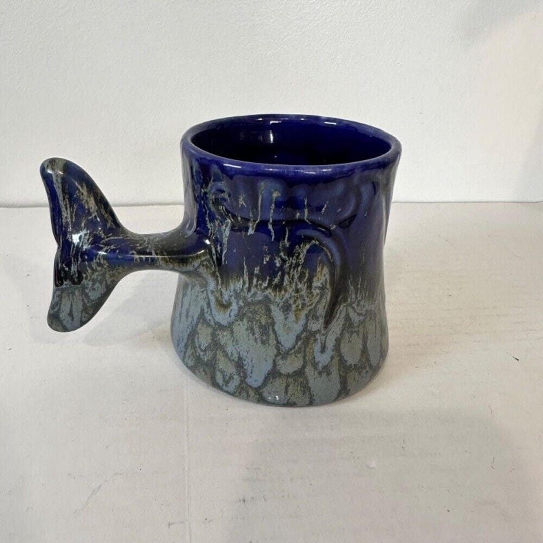 Handmade Pottery Mug Whale Tail Handle Blue Glazed Ceramic Coffee Cup ...