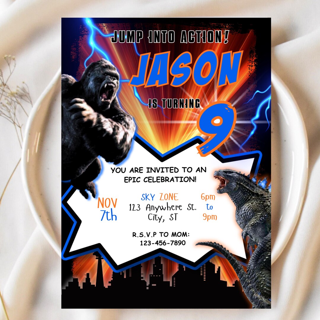 Godzilla Vs Kong Birthday Invitation | Editable Digital Invite ...