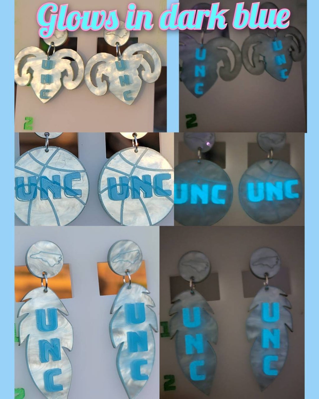 Glow in the Dark UNC CHAPEL HILL Earrings North Carolina Rams ...