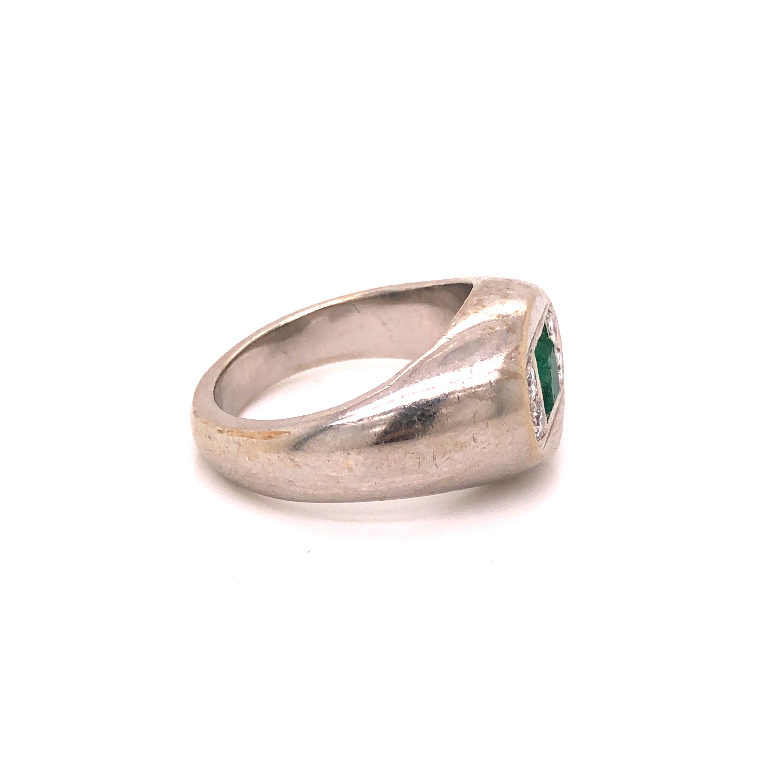 14K White Gold Flush Set Emerald Diamond Signet Ring - Etsy