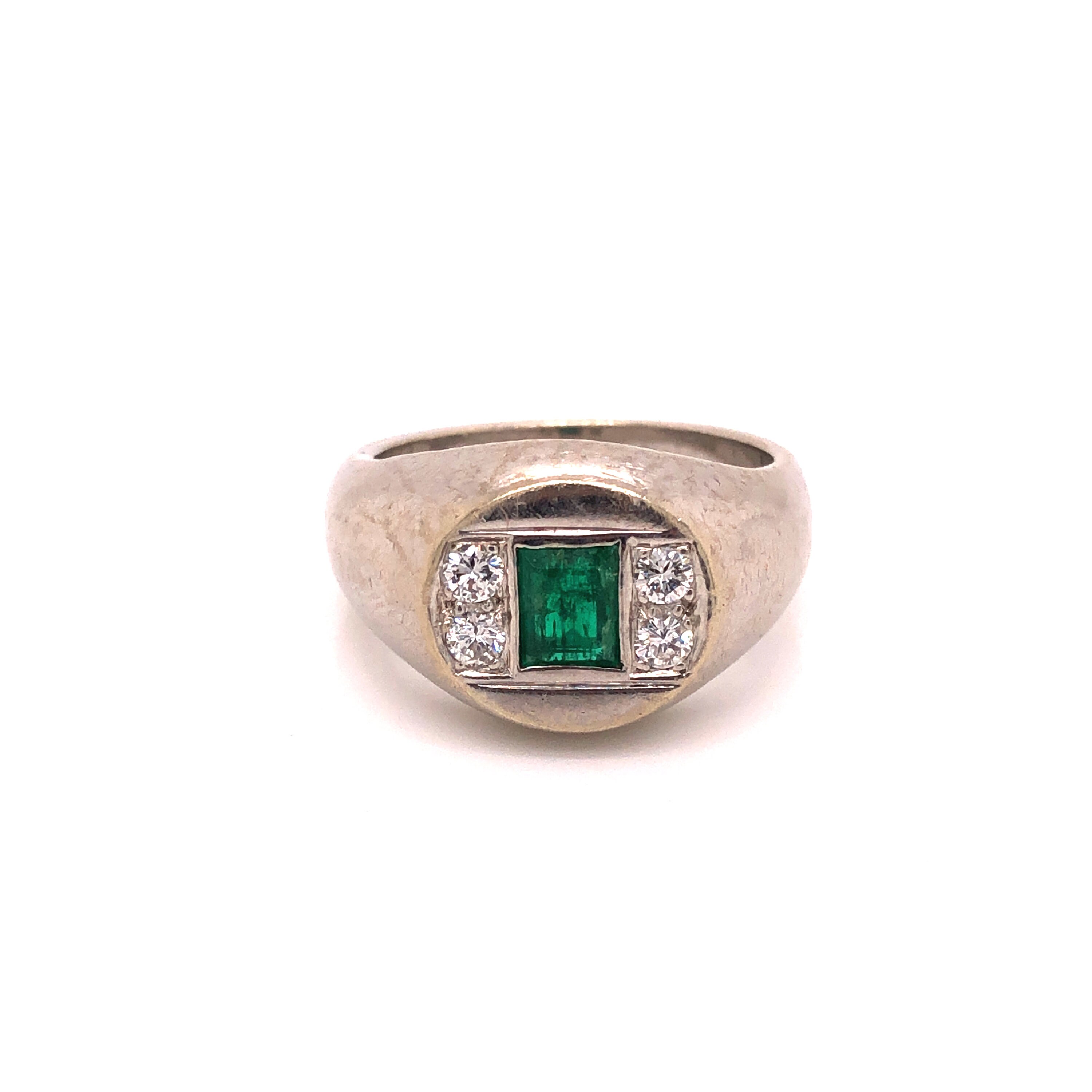 14K White Gold Flush Set Emerald Diamond Signet Ring - Etsy