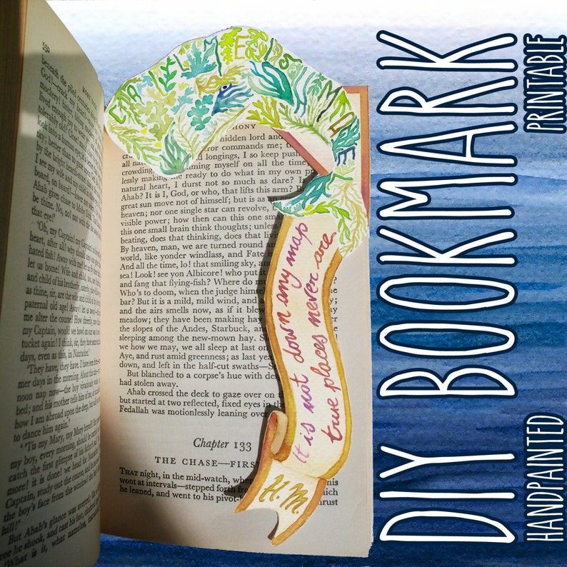 DIY Fantasy Bookmark Moby Dick Hand Painted Watercolour - Etsy Norway